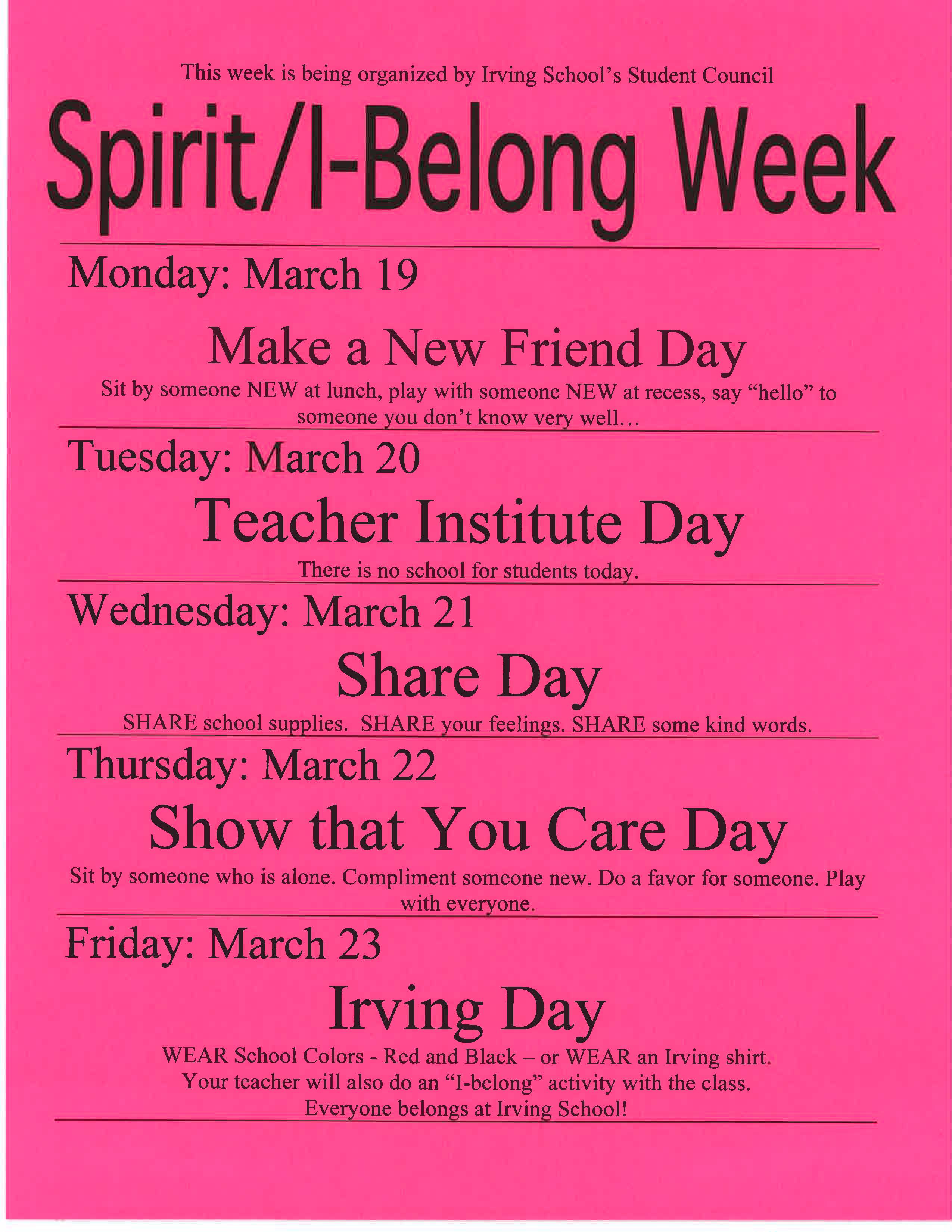 2018 Spirit/I-Belong Week | Irving School PTO