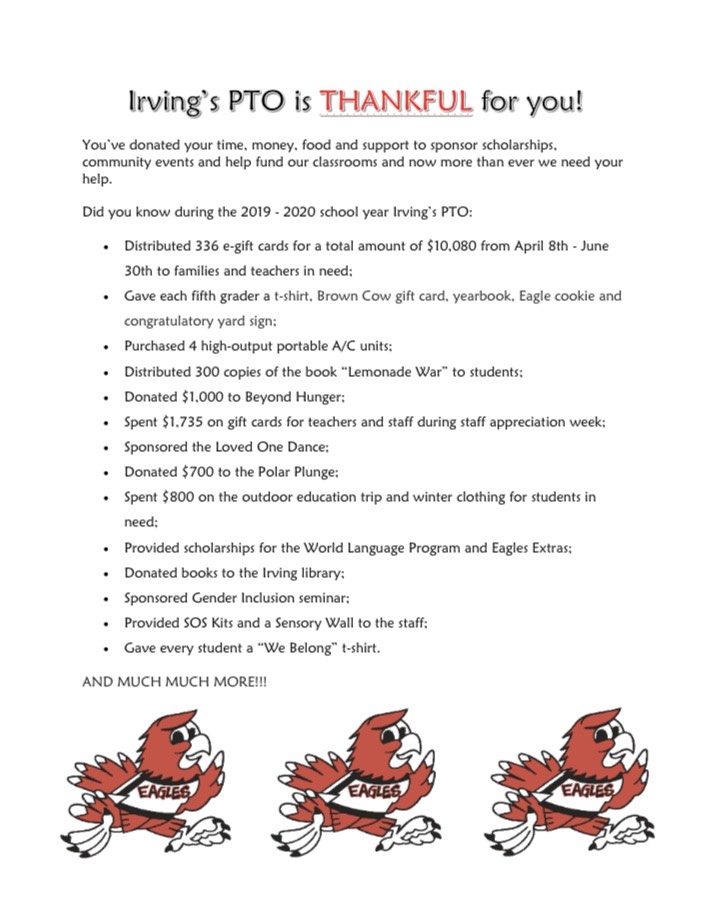 Irving’s PTO is thankful for you! | Irving School PTO